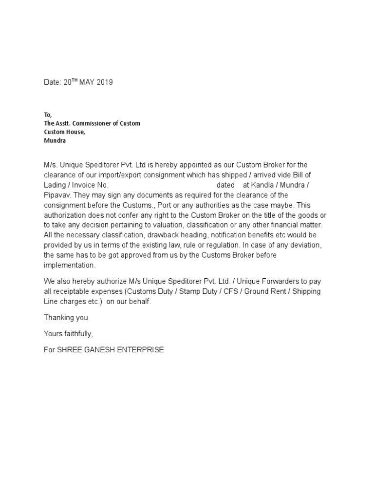 Appointment of Customs Broker for Import/Export Clearance and ...