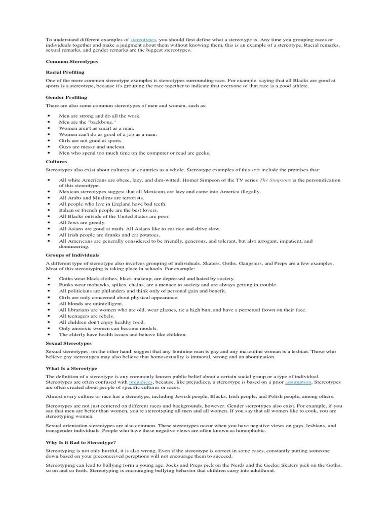 Understanding the Many Facets of Stereotyping Through Detailed Examples ...