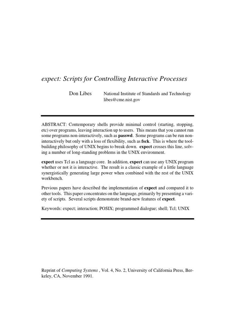 Expect: Scripts For Controlling Interactive Processes: Don Libes | PDF | Shell (Computing ...