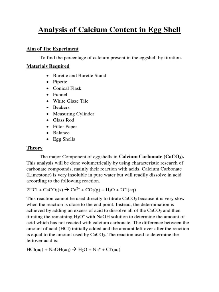 Analysis of Calcium Content in Egg Shell | PDF | Titration | Chemistry