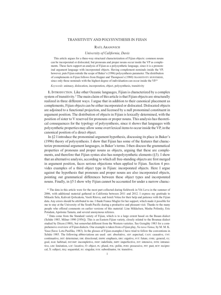 Transitivity and Polysynthesis in Fijian PDF | PDF | Pronoun | Verb