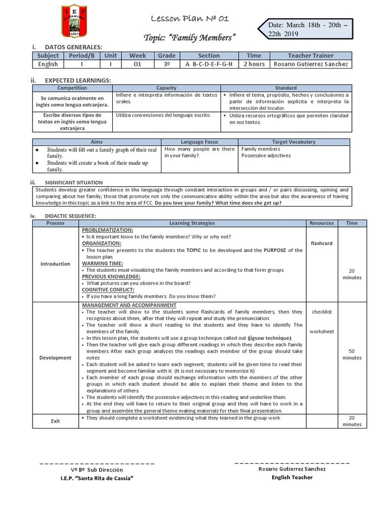 Topic: "Family Members": Lesson Plan #01 | PDF | Adjective | Lesson Plan