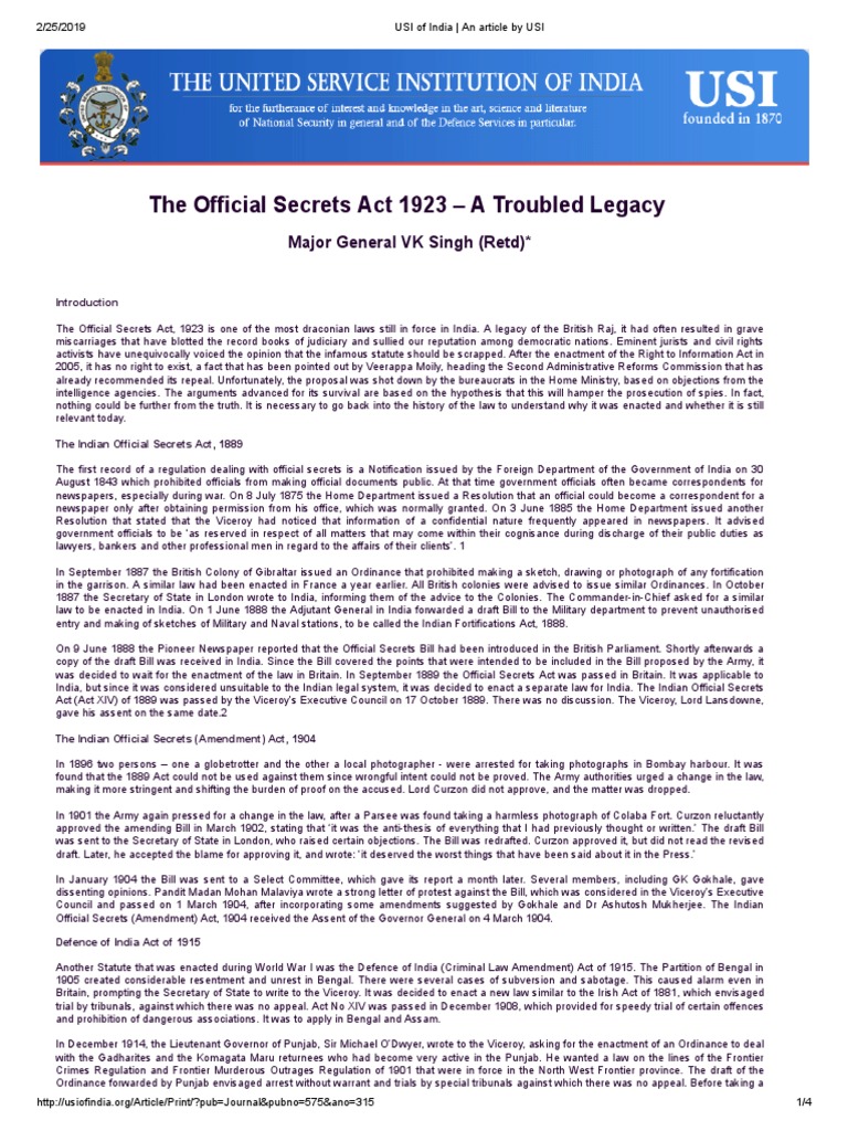 USI of India - An Article by USI | PDF | Bill (Law) | Espionage