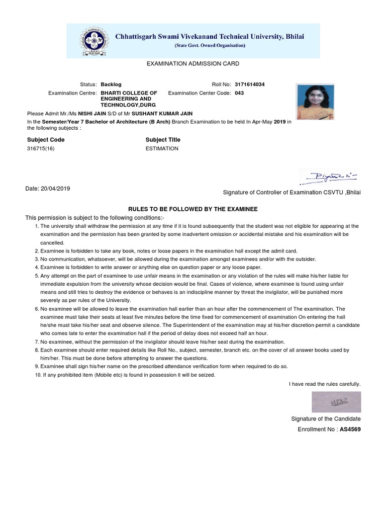 Examination Admission Card: Engineering and Technology, Durg | PDF ...