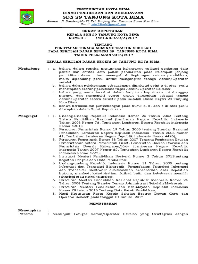 SK Operator Sekolah - SD-SMP (Contoh) | PDF