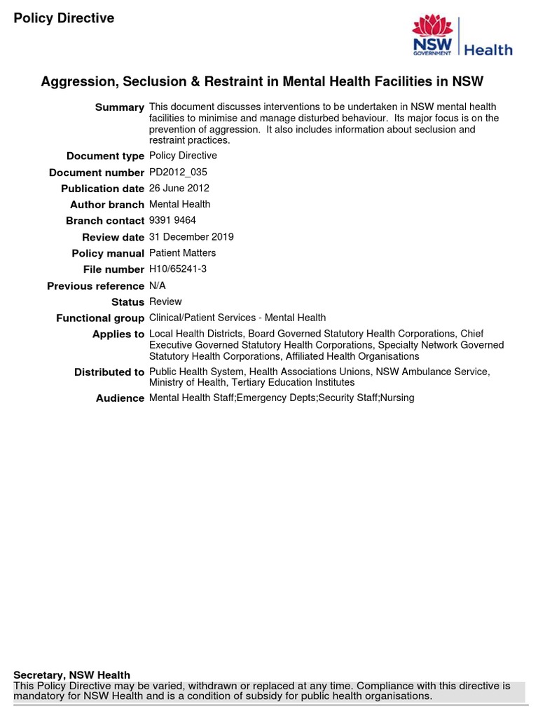 Minimising Restrictive Practices and Promoting Safety in Mental Health Facilities: A Procedure ...