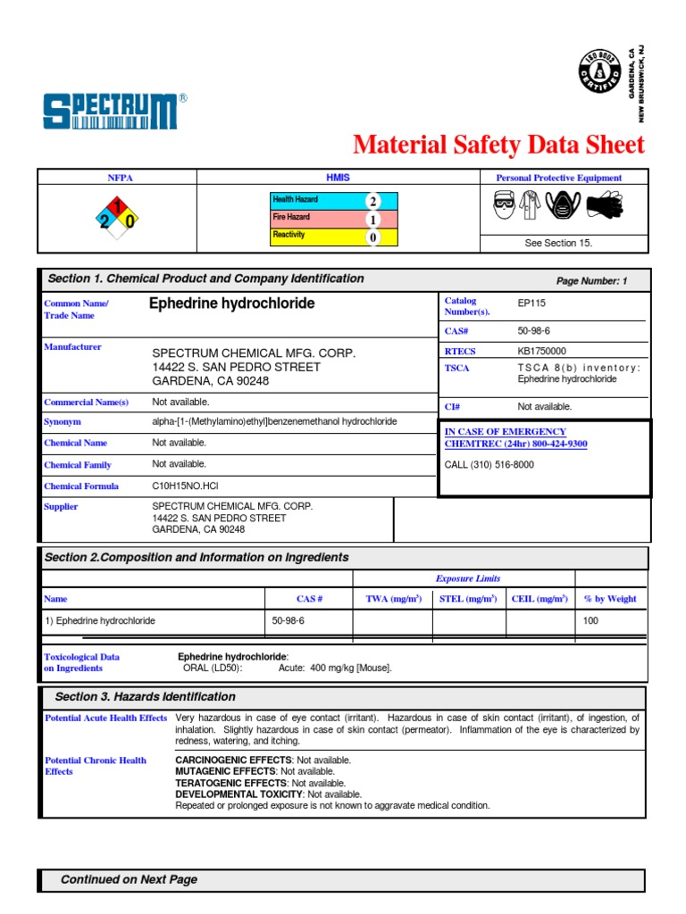 Material Safety Data Sheet: Ephedrine Hydrochloride | PDF | Toxicity ...