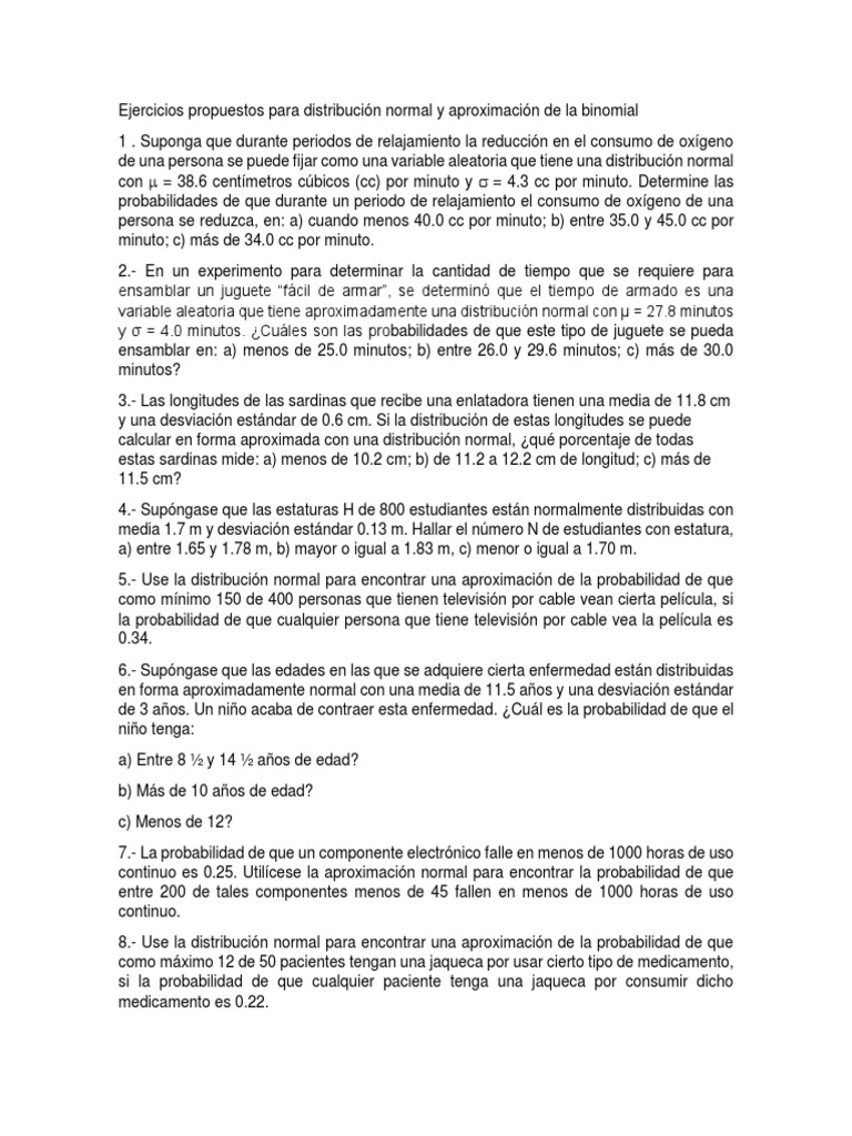 Ejercicios Propuestos para Distribución Normal y Aproximación de La Binomial | PDF ...