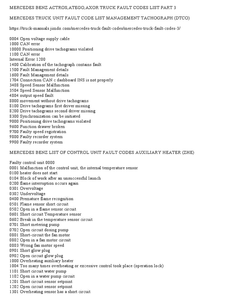 Mercedes Benz Fault Codes List