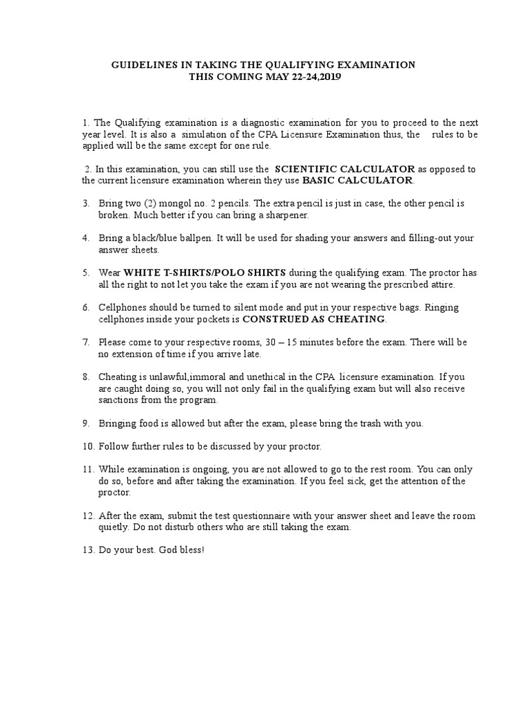 Guidelines in Taking The Qualifying Examination THIS COMING MAY 22-24 ...