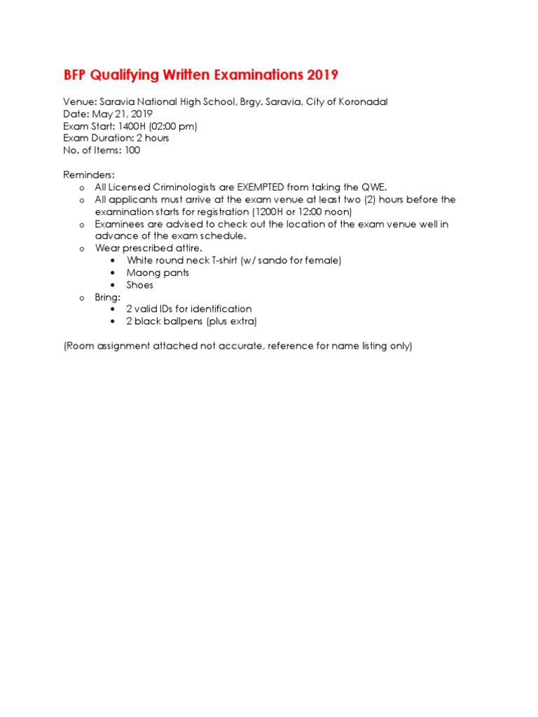 BFP Qualifying Written Examinations 2019 | PDF