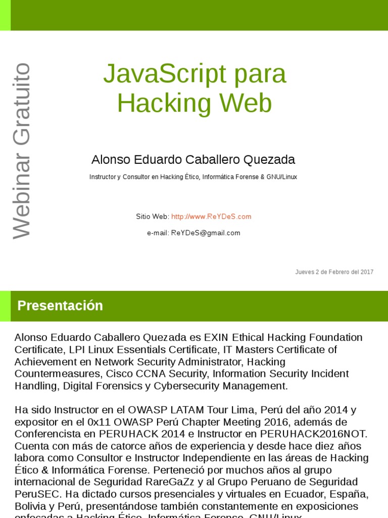 Webinar Gratuito: JavaScript para Hacking Web | PDF | Script Java | Aplicación web