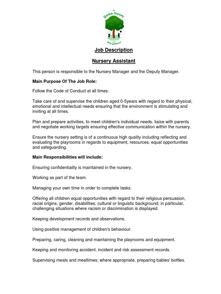 Job Description Nursery Assistant: Main Purpose of The Job Role | PDF ...