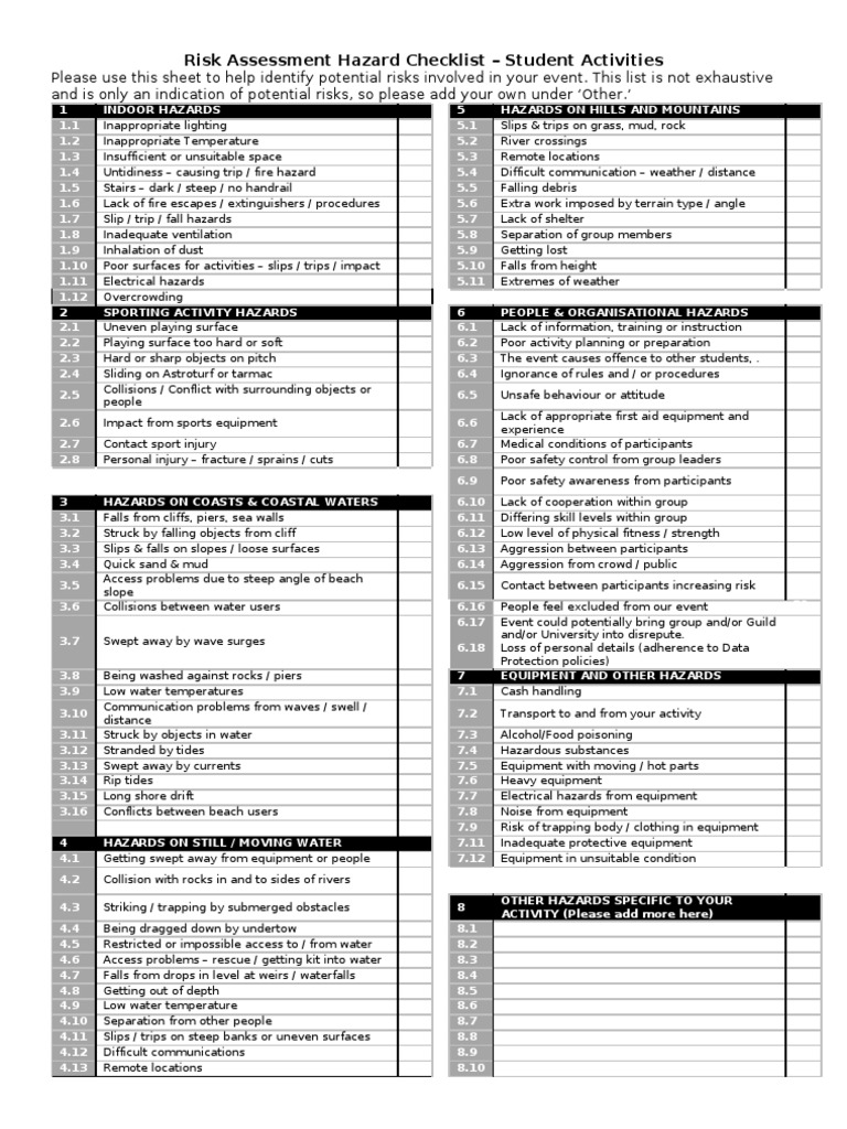Student Group Risk Assessment Form | Risk Assessment | Hazards