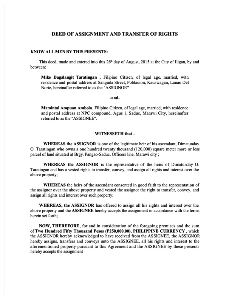 Deed of Assignment Sample | PDF | Assignment (Law) | Legal Ethics