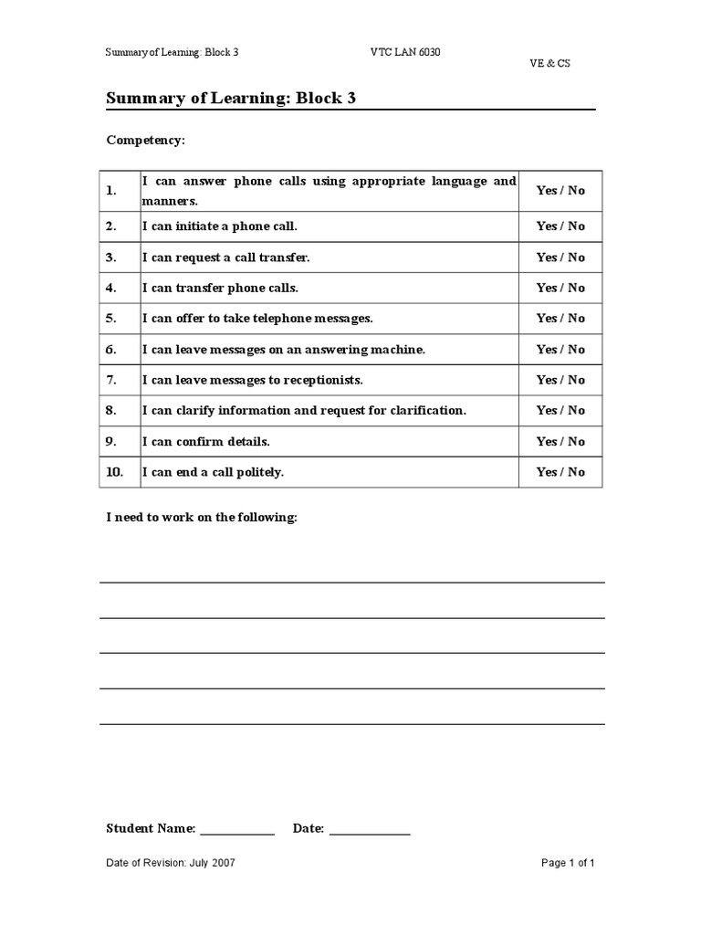 Phone Skills Competency Checklist | PDF | Telecommunications ...