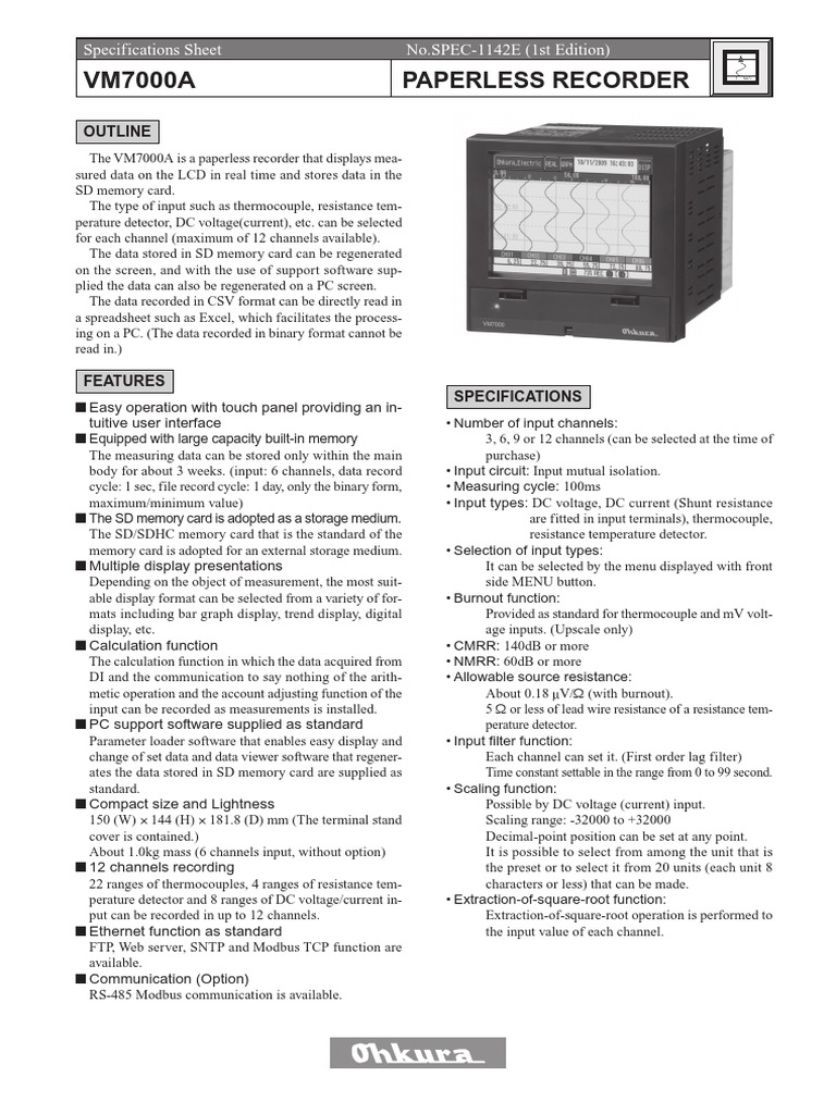 VM7000A Paperless Recorder Specs | PDF | Secure Digital | Computer Terminal