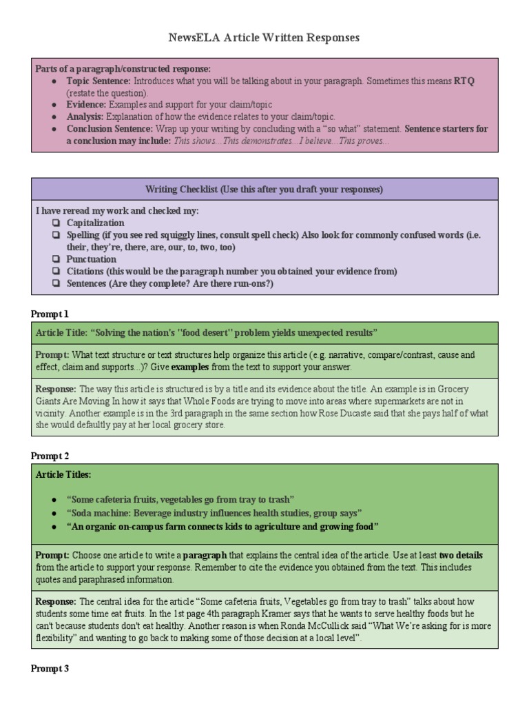 NewsELA Writing Response Guide | PDF | Paragraph | Foods