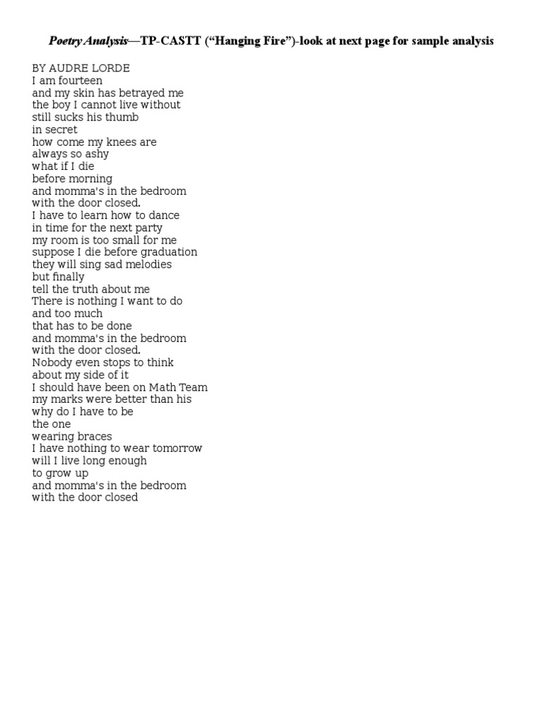 Hanging Fire-Sample TPCASTT | PDF | Poetry