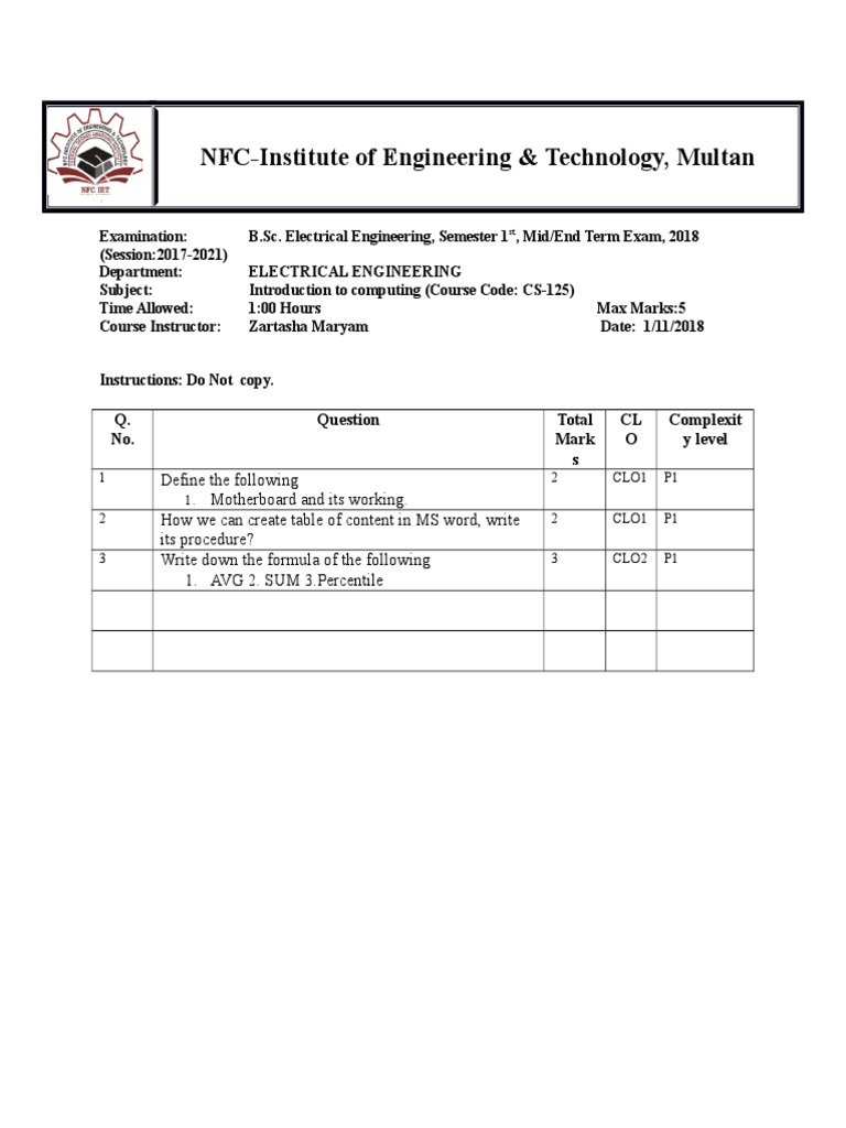 Itc Lab Paper Pdf 