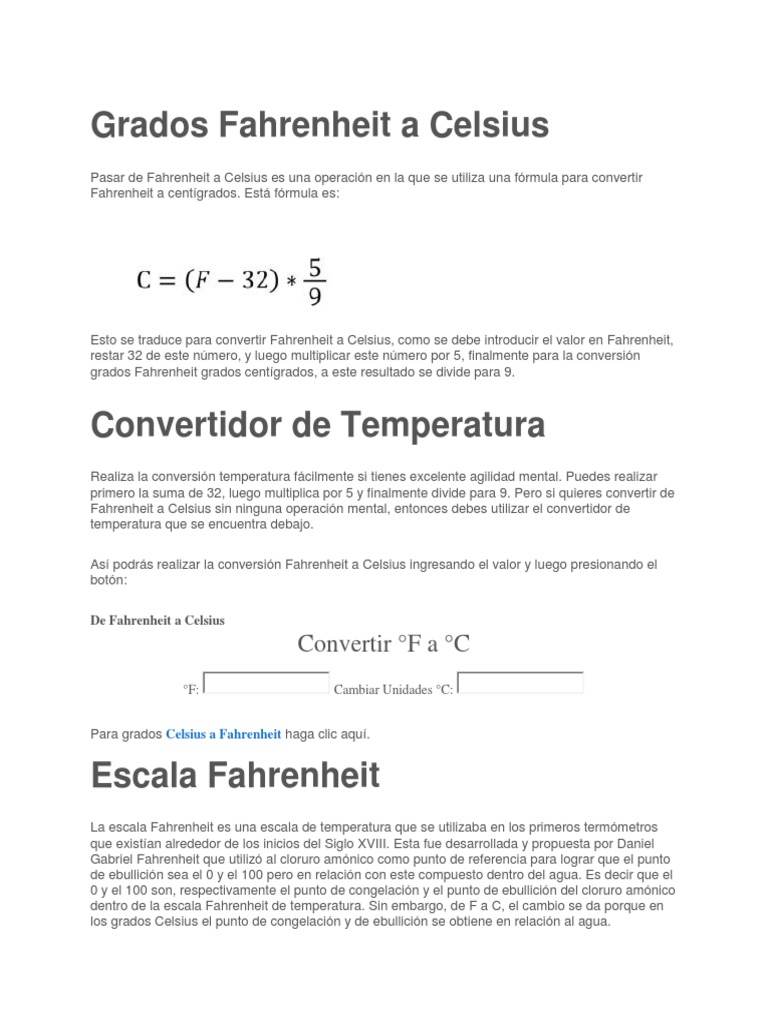 Hojas De Trabajo De Grados Celsius A Fahrenheit PDF) ESCALAS