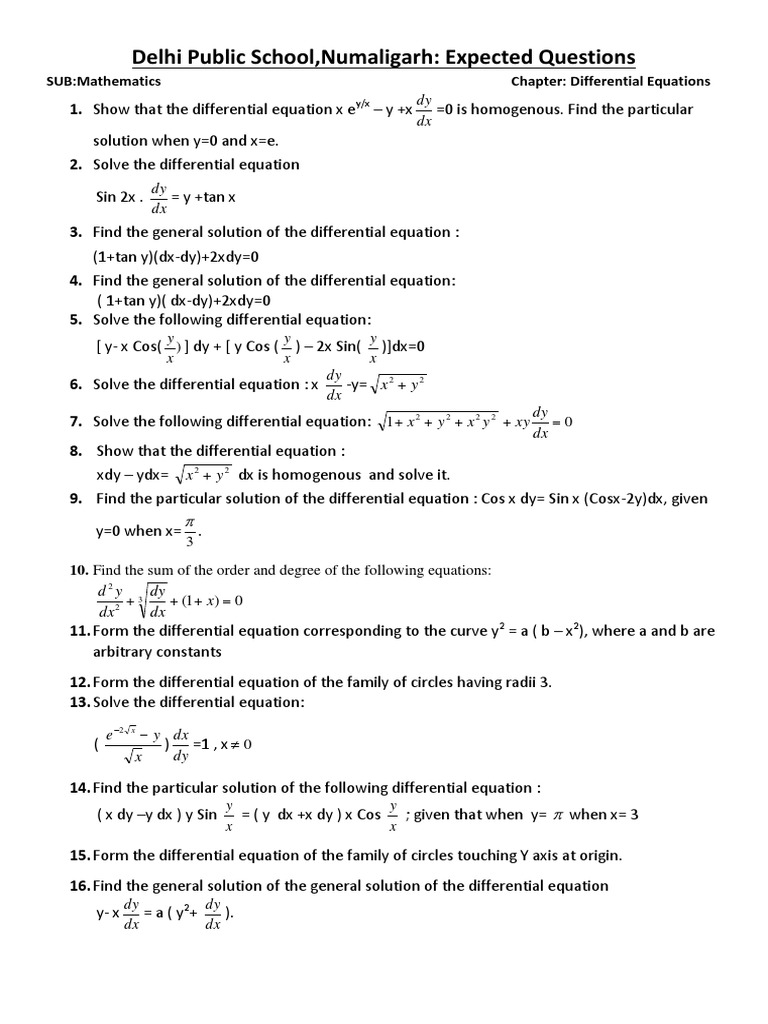 Differential Equations Practice Questions | PDF | Equations | Ordinary ...