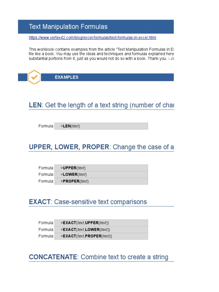 Text Manipulation Formulas Len Get The Length Of A Text String Number Of Characters Pdf
