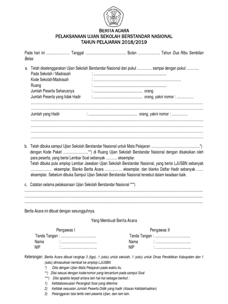 Contoh Berita Acara Pelaksanaan Ujian Nasional | PDF