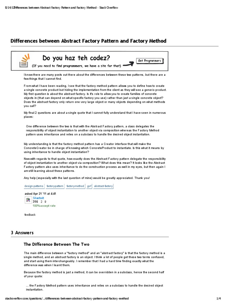 Differences Between Abstract Factory Pattern and Factory Method - Stack Overflow PDF | PDF ...