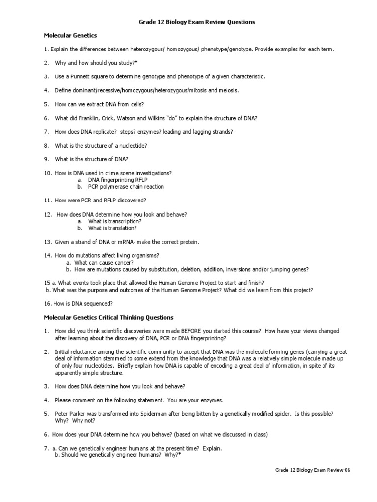 Grade 12 Biology Exam Review Questions Molecular Genetics | PDF | Dna ...