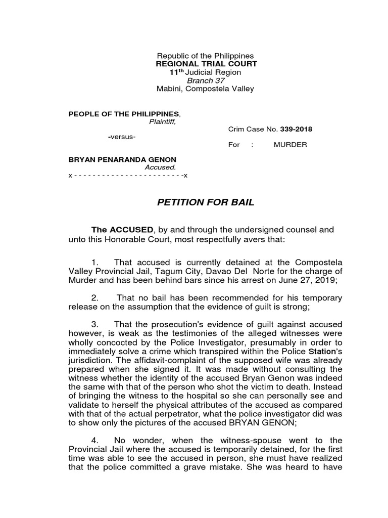 Petition For Bail: People of The Philippines | PDF | Prosecutor | Bail