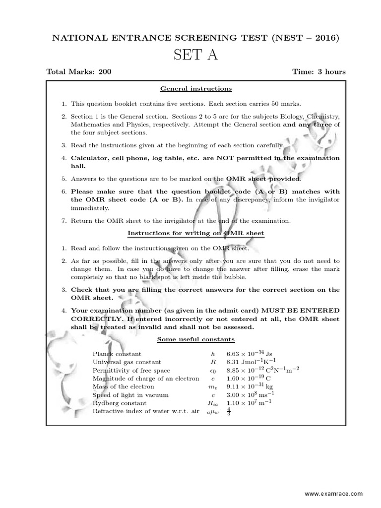 Set A: National Entrance Screening Test (Nest - 2016) | PDF | Chemistry ...