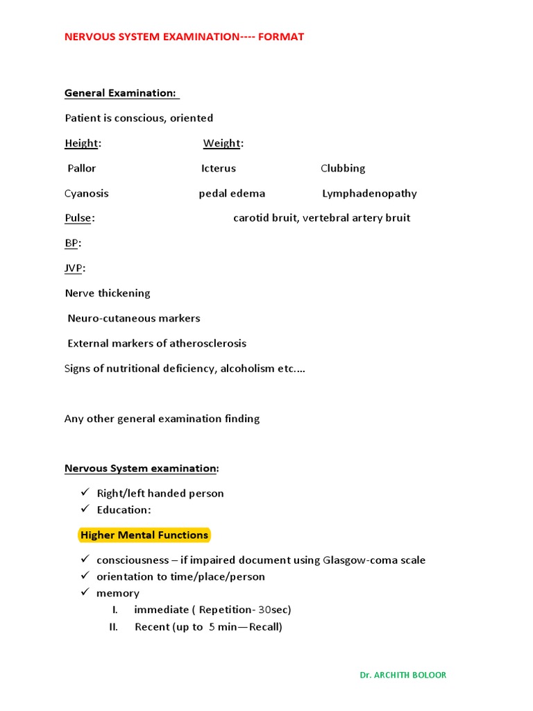 Neuro Examination Format Archith PDF | PDF | Anatomical Terms Of Motion ...