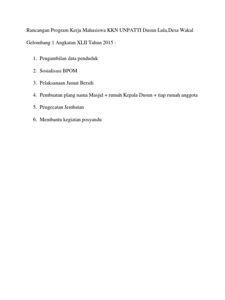 Rancangan Program Kerja Mahasiswa KKN UNPATTI Dusun Lula | PDF