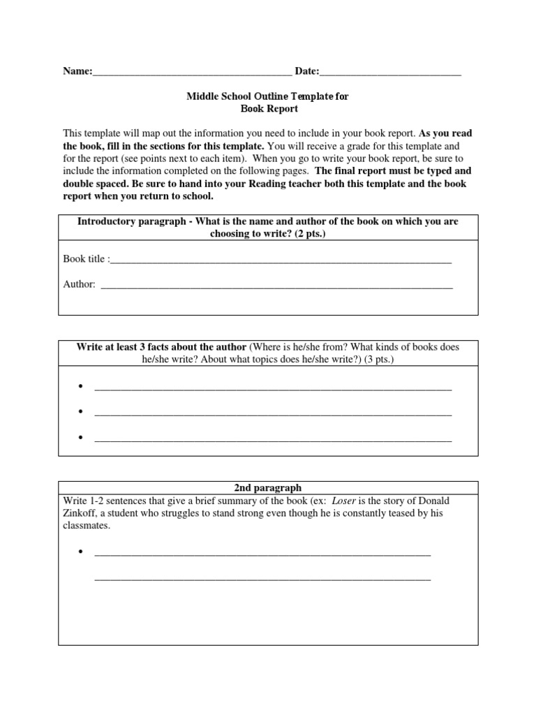 Middle School Outline Template For Book Report | PDF | Books | Paragraph