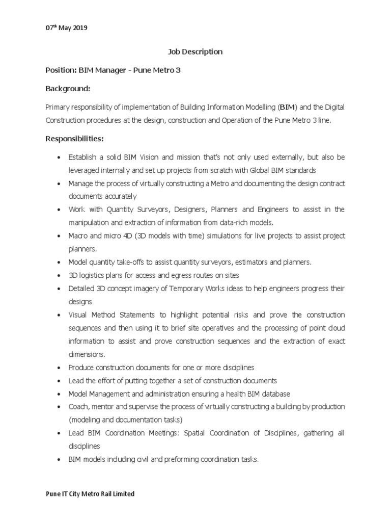 Job Description Position: BIM Manager - Pune Metro 3 Background | PDF ...