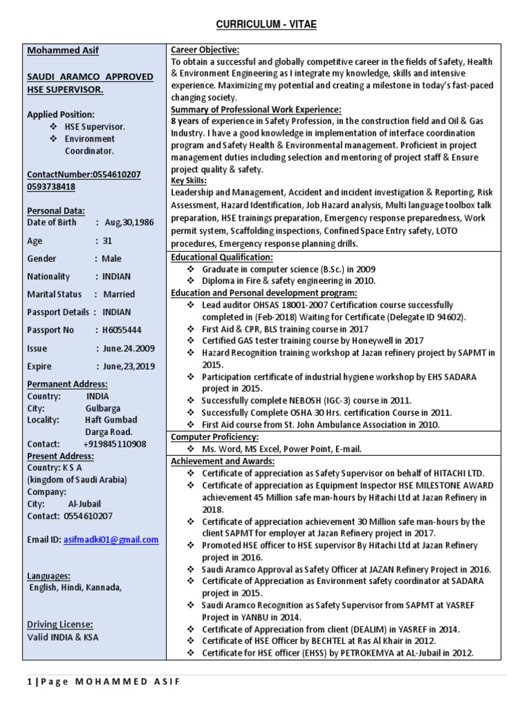 Mohammed Asif Updated CV | PDF | Environmental Engineering | Emergency