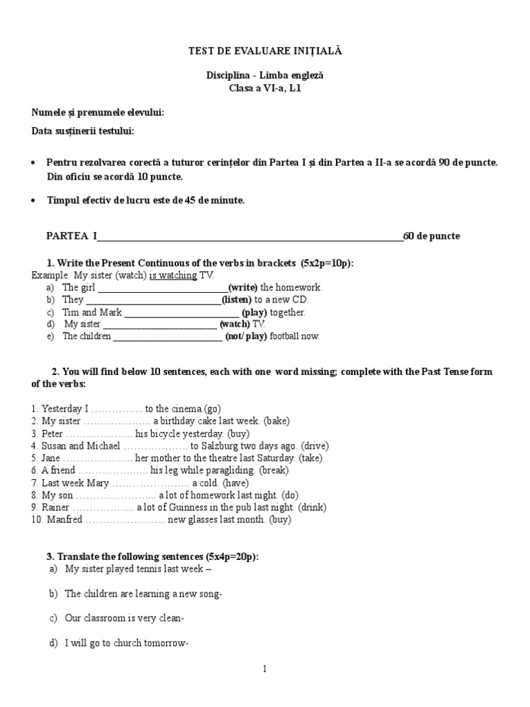Evaluare Inițială Engleză Clasa 6 | PDF | Cognitive Science | Syntactic ...