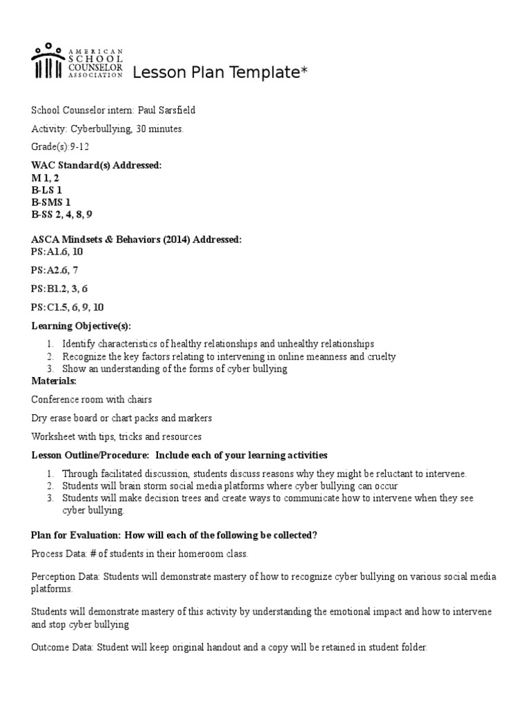 Cyberbullying Lesson Plan With Sample Classroom Activity | PDF ...