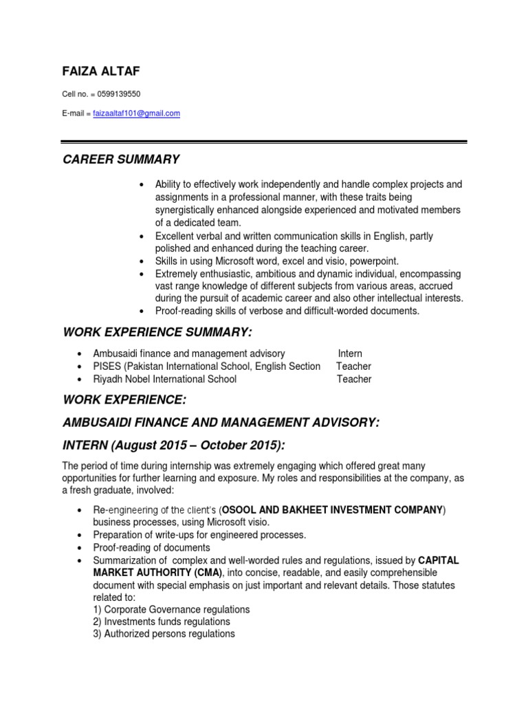 CV-FAIZA ALTAF-Marketing Intern | PDF | Master Of Business ...
