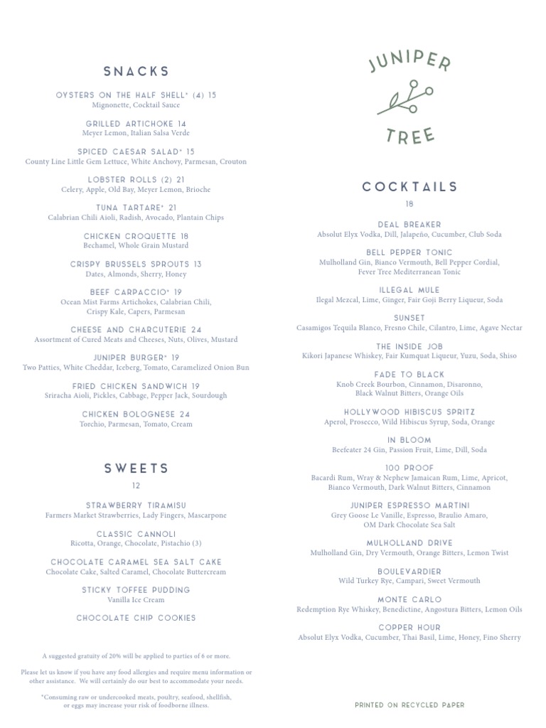Juniper Tree Menu | Download Free PDF | Champagne | Chili Pepper