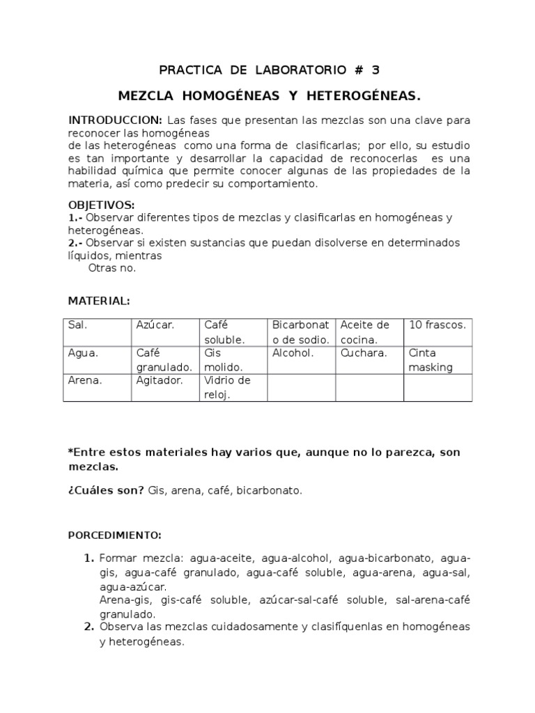 PRACT de LAB 3 Mezcla Homogeneas y Heterogeneas PDF | PDF | Mezcla | Solubilidad