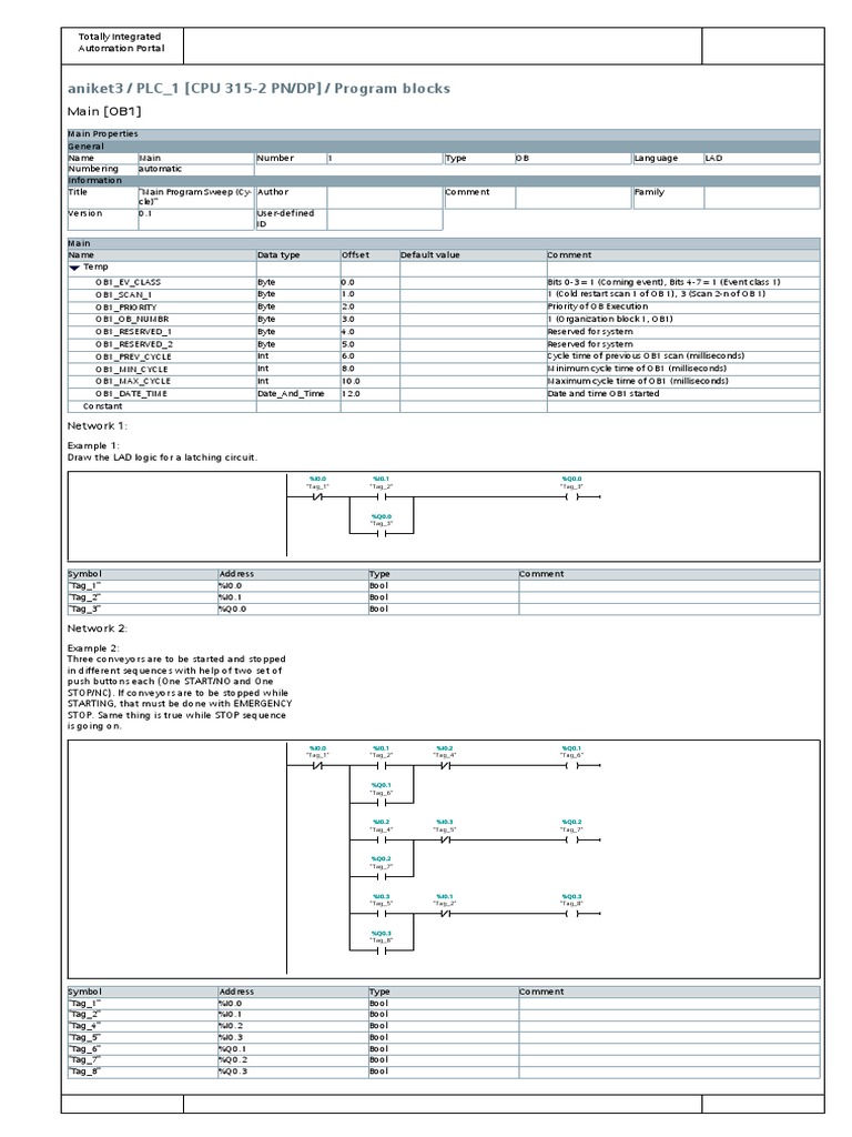 Aniket3 / PLC - 1 (CPU 315-2 PN/DP) / Program Blocks: Main (OB1) | PDF | Integer (Computer ...