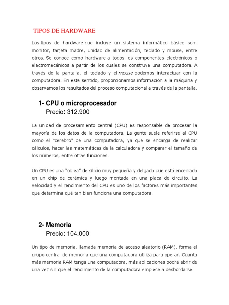 Tipos de Hardware | PDF | Hardware de la computadora | Almacenamiento de datos de la computadora