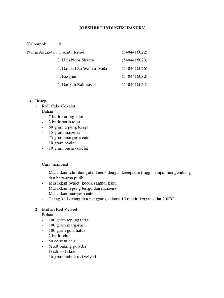 Jobsheet Industry Pastry | PDF | Memasak, Makanan, & Anggur
