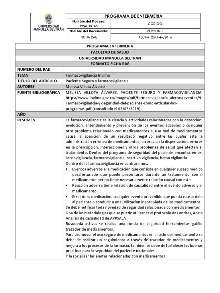 Ficha RAE Invima | PDF | Medicamentos con receta | Farmacovigilancia