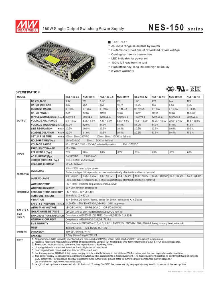 NES 150 Spec | PDF | Power Supply | Electrical Engineering