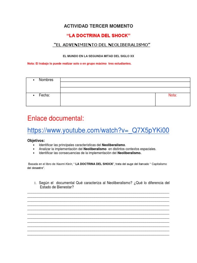 Actividad La Doctrina Del Shock | PDF | Neoliberalismo | Ensayos
