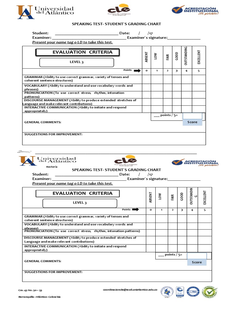 Speaking Test Grading Chart Template | PDF | Vocabulary | Communication
