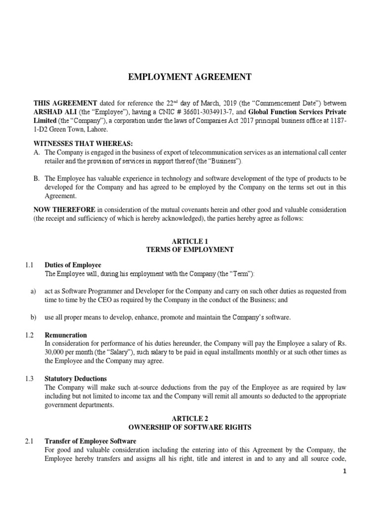 Employment Agreement | PDF | Intellectual Property | Equity (Law)